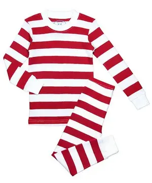 SARA’S PRINTS Organic Cotton Long John Pj 2-piece Set - Red White Wide Stripe