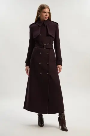 Karen Millen Wool Mix Belted Trench Maxi Coat - Wine