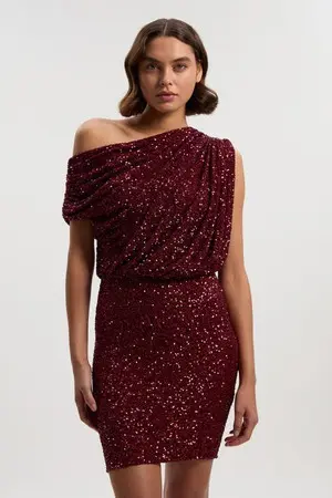 Karen Millen One Shoulder Sequin Mini Dress - Plum