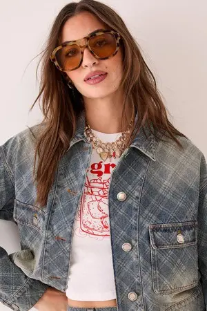 Nasty Gal Check Denim Distressed Jacket