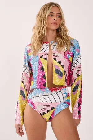 Nasty Gal Abstract Embellished Cropped Jacket - Multi