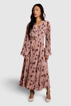 Coast Long Sleeve Chiffon Floral Print Wrap Midi Dress - Blush