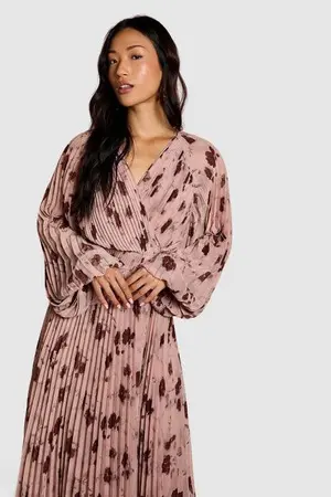 Coast Long Sleeve Chiffon Floral Print Wrap Midi Dress - Blush