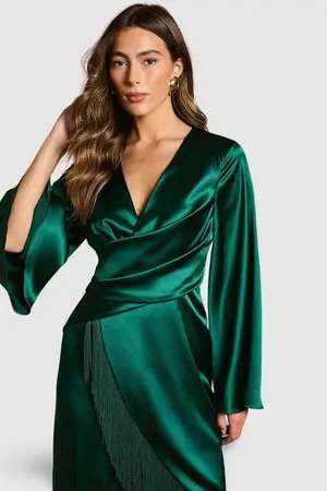 Coast Satin Fringe Hem Wrap Waist Midi Dress