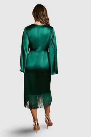 Coast Satin Fringe Hem Wrap Waist Midi Dress