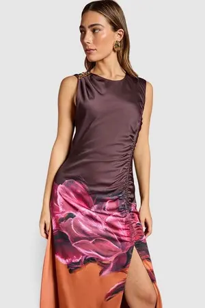 Coast Ruched Print Satin Maxi Dress - Orange