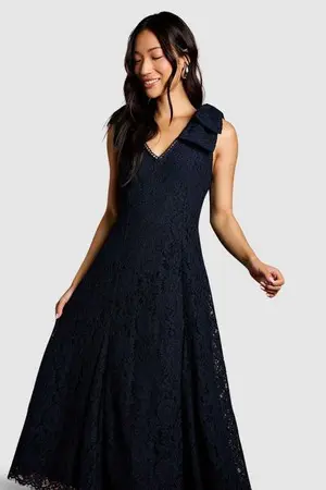 Coast Bow Shoulder V Neck Lace Midi Dress - Navy