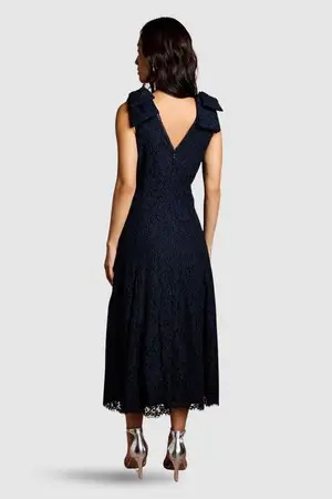 Coast Bow Shoulder V Neck Lace Midi Dress - Navy