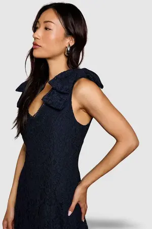 Coast Bow Shoulder V Neck Lace Midi Dress - Navy