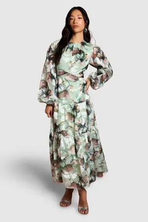 Coast Puff Sleeve Jacquard Midi Dress - Sage