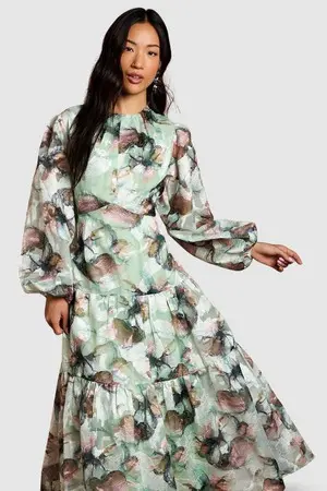 Coast Puff Sleeve Jacquard Midi Dress