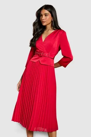 Coast Satin Bodice Pleat Skirt Midi Dress - Red