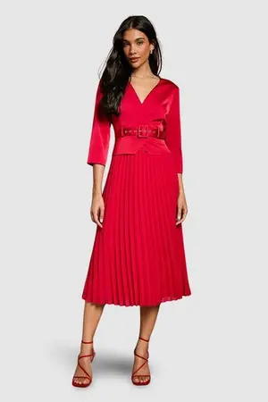 Coast Satin Bodice Pleat Skirt Midi Dress - Red