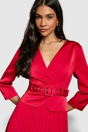 Coast Satin Bodice Pleat Skirt Midi Dress - Red