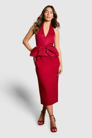 Coast Halter Neck Satin Column Midi Dress With Bow Detail - Red