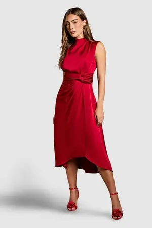 Coast Satin Twist Waist Midi Dress - Red