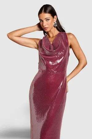 Coast Cowl Front Halter Sequin Maxi Dress