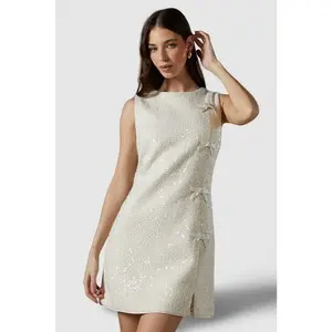 Coast Sequin Boucle Shift Dress With Bow Embellishments - Ivory