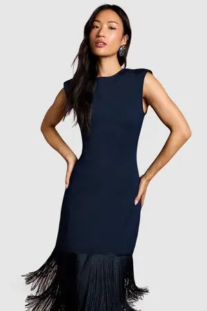 Coast Bandage Knit Fringed Hem Midi Dress