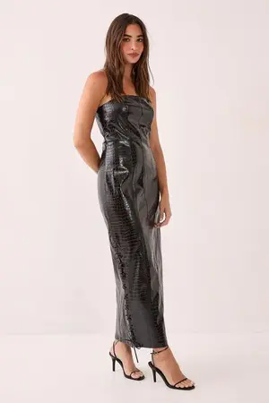 Nasty Gal Faux Leather Croc Bandeau Maxi Dress With Lace-up Detail - Black