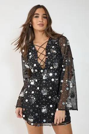 Nasty Gal Lace-up Fluted Sleeve Mini Dress