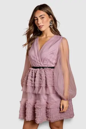Coast Long Sleeve Mesh Wrap Tiered Mini Dress