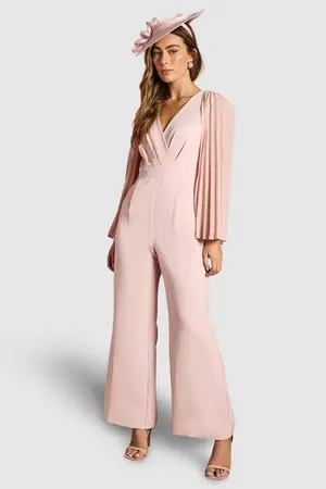 Coast V Neck Pleated Long Sleeve Jumpsuit - Blush