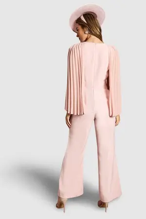 Coast V Neck Pleated Long Sleeve Jumpsuit - Blush