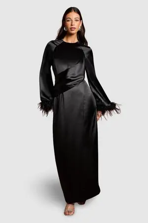 Coast Long Sleeve Feather Trim Satin Maxi Dress - Black