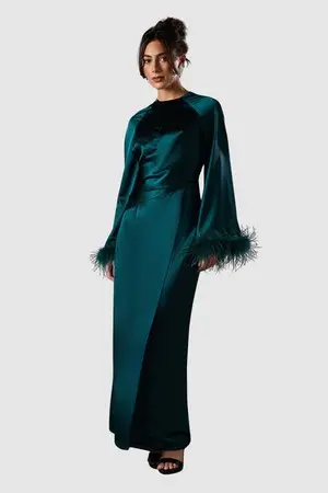 Coast Long Sleeve Feather Trim Satin Maxi Dress - Green