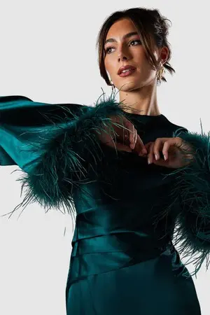 Coast Long Sleeve Feather Trim Satin Maxi Dress - Green