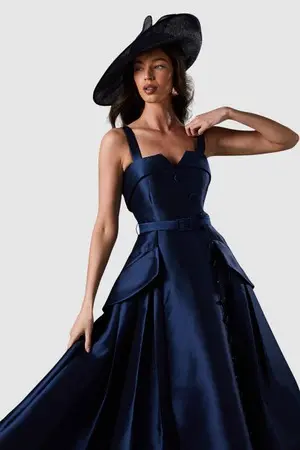 Coast Lisa Twill Volume Belted Midi Dress - Navy