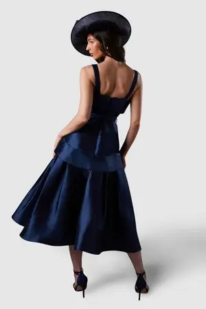 Coast Lisa Twill Volume Belted Midi Dress - Navy