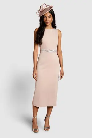 Coast Embellished Waist Ponte Midi Dress - Mocha