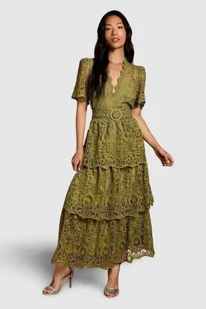 Coast Short Sleeve Tiered Lace Midi Dress - Olive