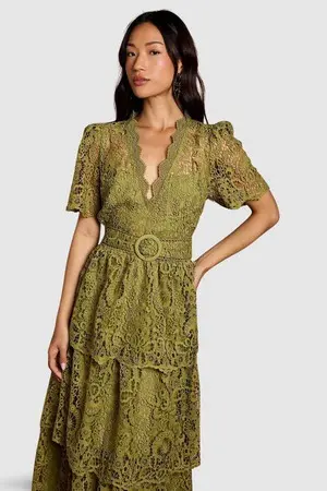 Coast Short Sleeve Tiered Lace Midi Dress - Olive