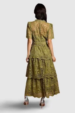 Coast Short Sleeve Tiered Lace Midi Dress - Olive