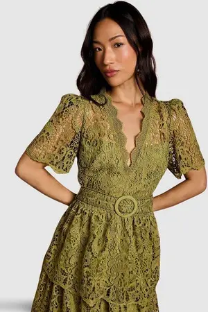 Coast Short Sleeve Tiered Lace Midi Dress - Olive