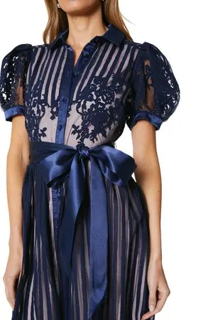 Coast Stripe Organza Puff Sleeve Shirt Dress