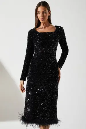 Coast Sequin Feather Hem Party Midi Dress