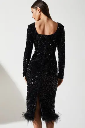 Coast Sequin Feather Hem Party Midi Dress