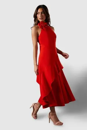 Coast High Neck Corsage Detail Midi Dress - Flame Red