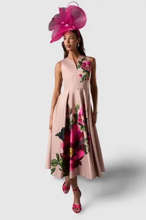 Coast Notch Neck Floral Print Midi Dress - Blush