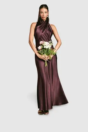 Coast Satin High Neck Fishtail Maxi Dress - Espresso