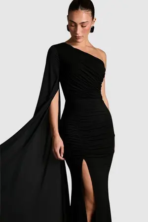 Coast One Shoulder Ruched Maxi Dress With Cape Effect