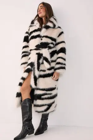 Nasty Gal Faux Fur Collared Longline Coat - Mono