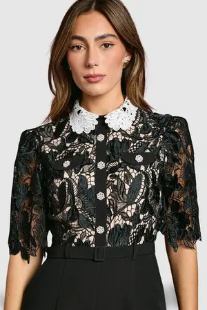 Coast Lace Shirt Short Sleeve Jumpsuit - Mono