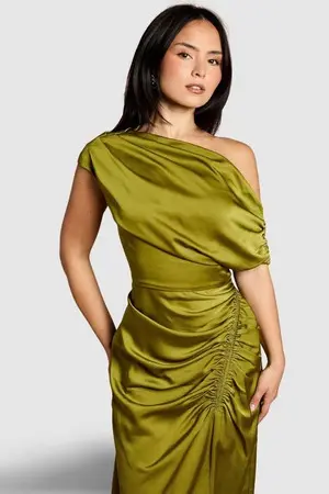 Coast Petite Satin One Shoulder Midi Dress - Olive