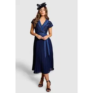 Coast Lace Wrap Top Pleat Tux Midi Dress - Navy