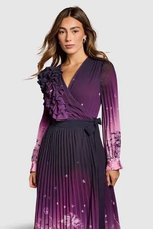 Coast Floral Corsage Wrap Pleated Midi Dress